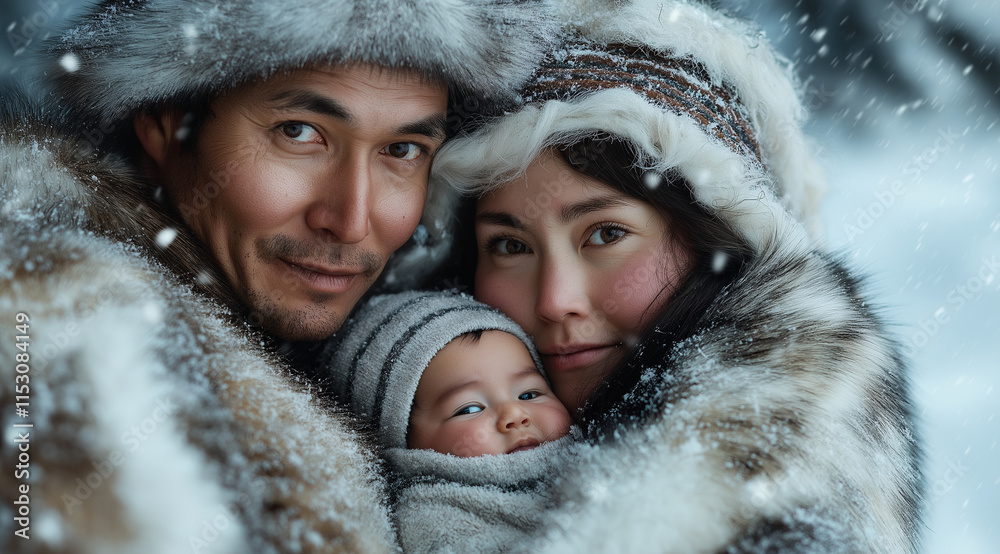 Inuit man and woman with baby, wearing furs, in a snowy environment ...