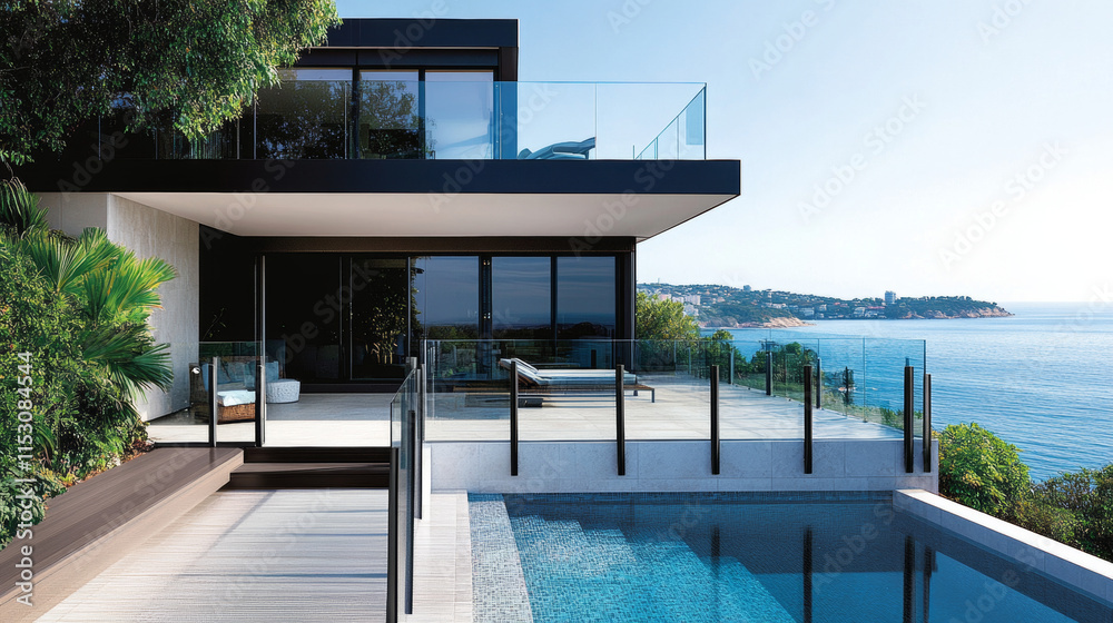 Glass fence section, plexiglass balustrade with metal railing and ...