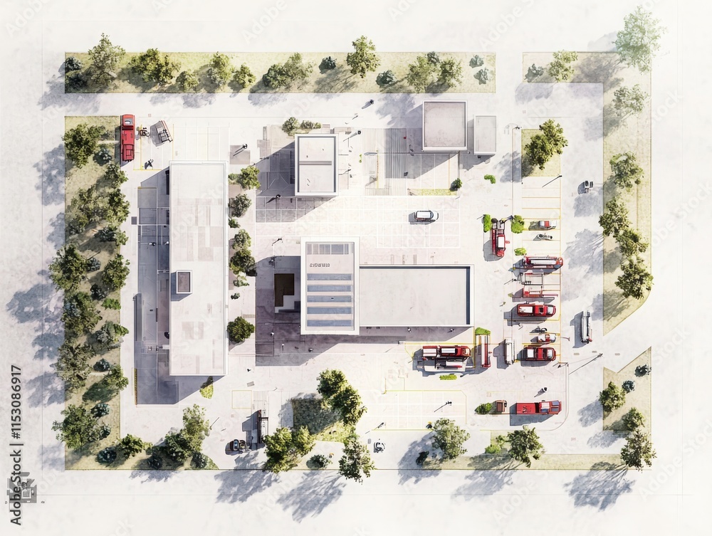 Architectural design of a fire station emergency services layout aerial ...