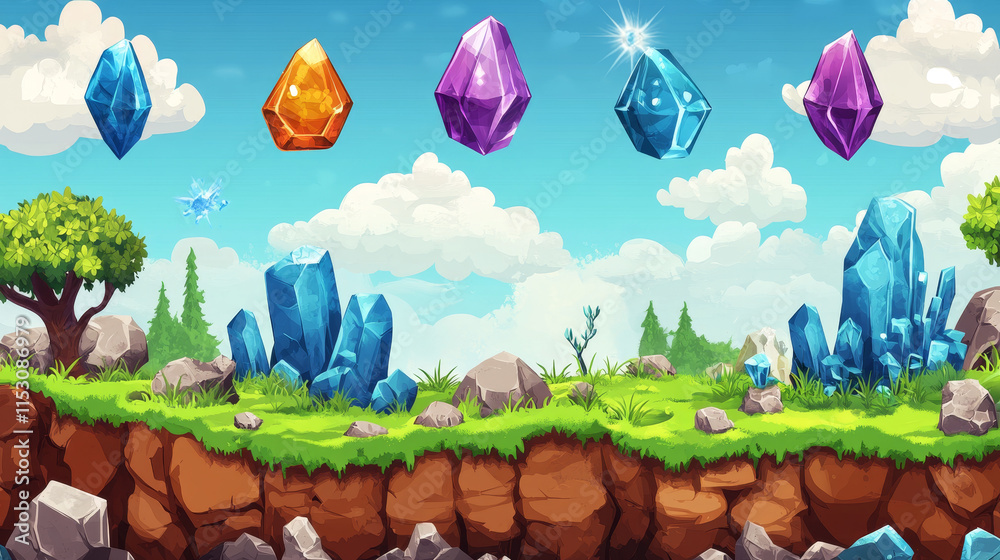 Floating islands, game background, level design. Cartoon 2d ui nature ...