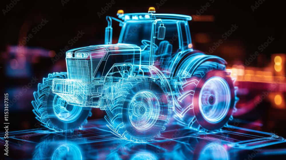 Tractor hologram. Holographic projection of the tractor. A flickering ...