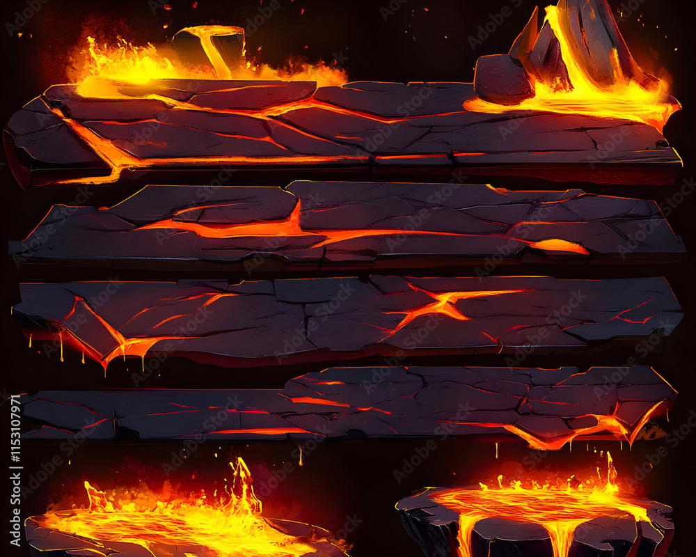 Fire and lava game effect. Magma and rock cartoon ui 2d set. Magic ...