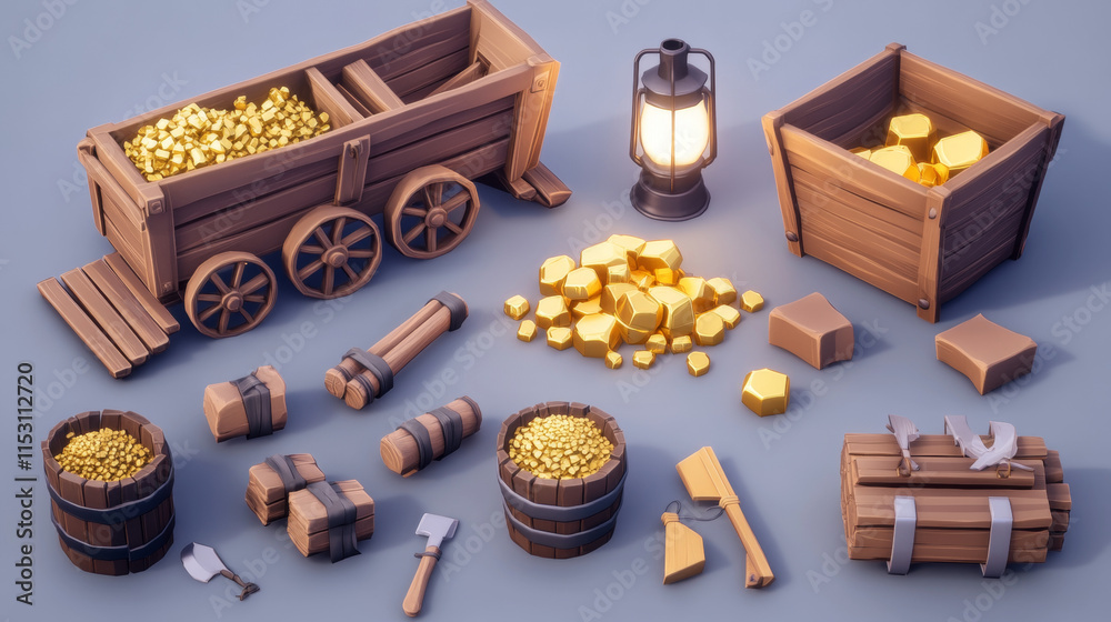 Game props icons gold mine assets dynamite, trolley with golden nuggets ...