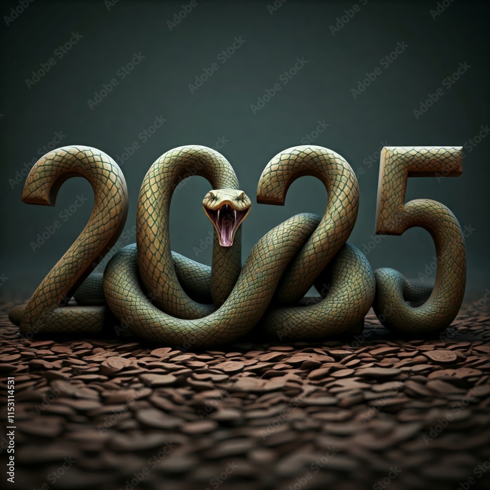 Snake coiled around 2025: symbolic new year representation with nature ...