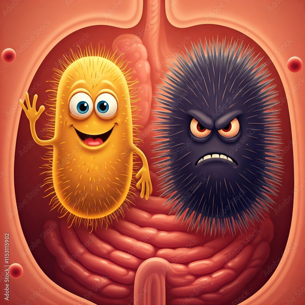 Friendly vs angry bacteria characters in human digestive system Stock ...