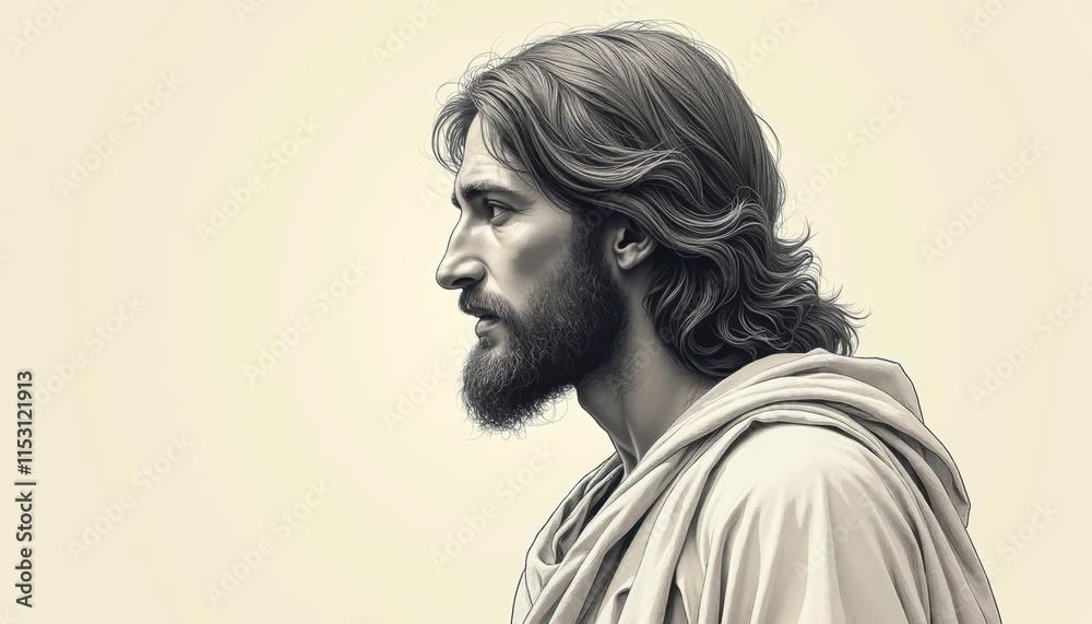 Gentle side profile of Jesus Christ in sketch form with a spacious ...