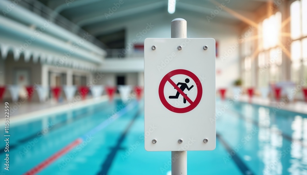 No running sign in indoor swimming pool with sunny interior.Safety ...