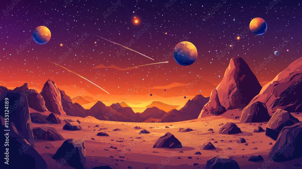Alien planet landscape, night Mars surface with meteorites and spheres ...
