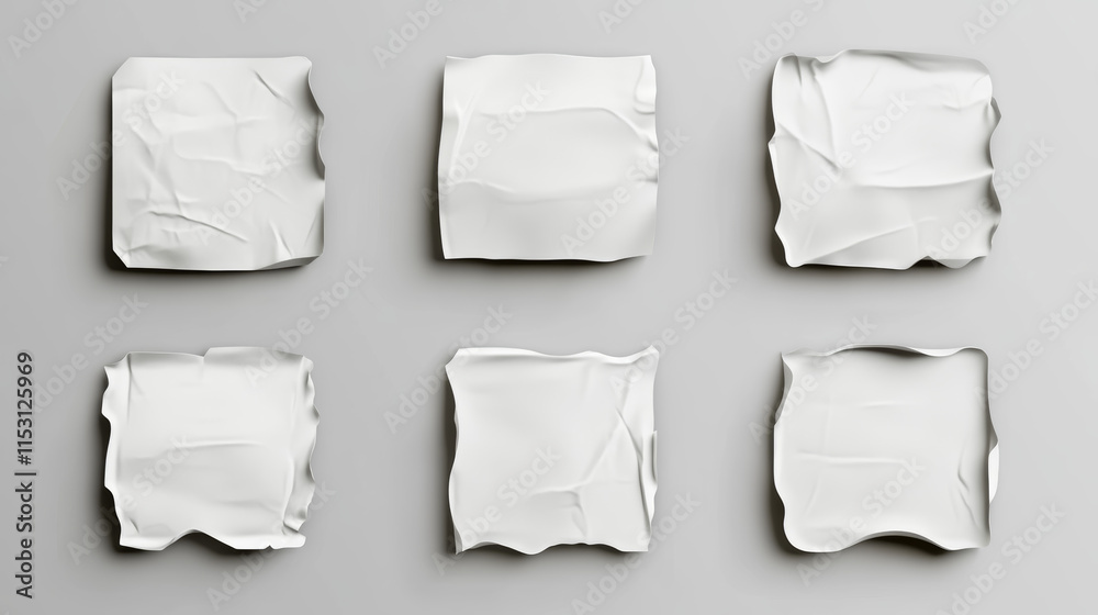 White glued stickers, crumpled paper patches mockup. Blank shrunken ...