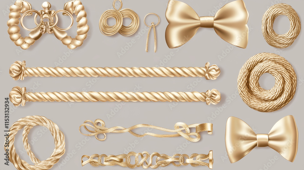Gold silk cords, round and square frames of satin rope, golden threads ...