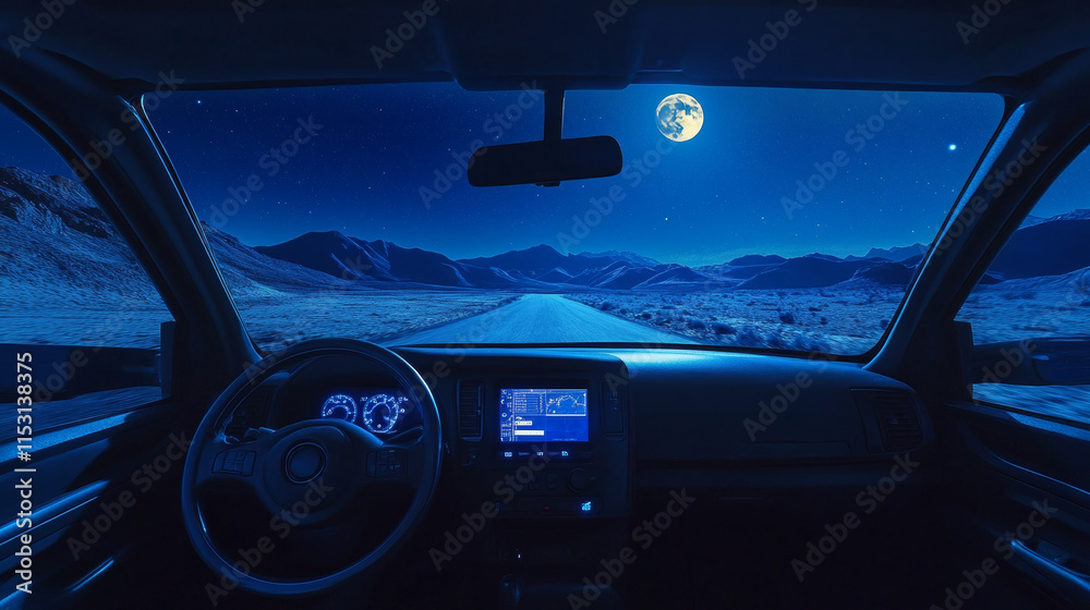 View from inside car through windshield on road in desert at night ...