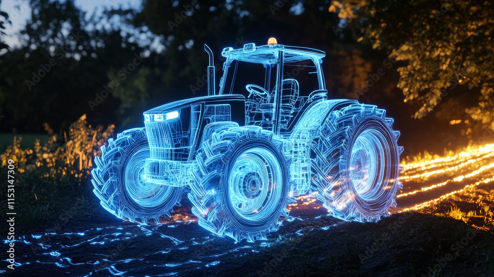 Tractor hologram. Holographic projection of the tractor. A flickering ...