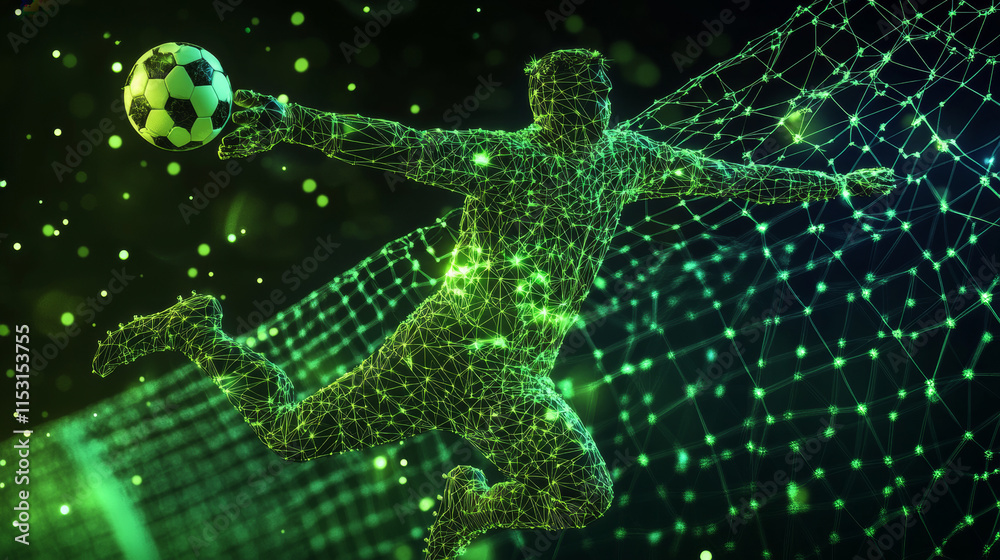 Hologram football. Goalkeeper of polygons, triangles of points and ...