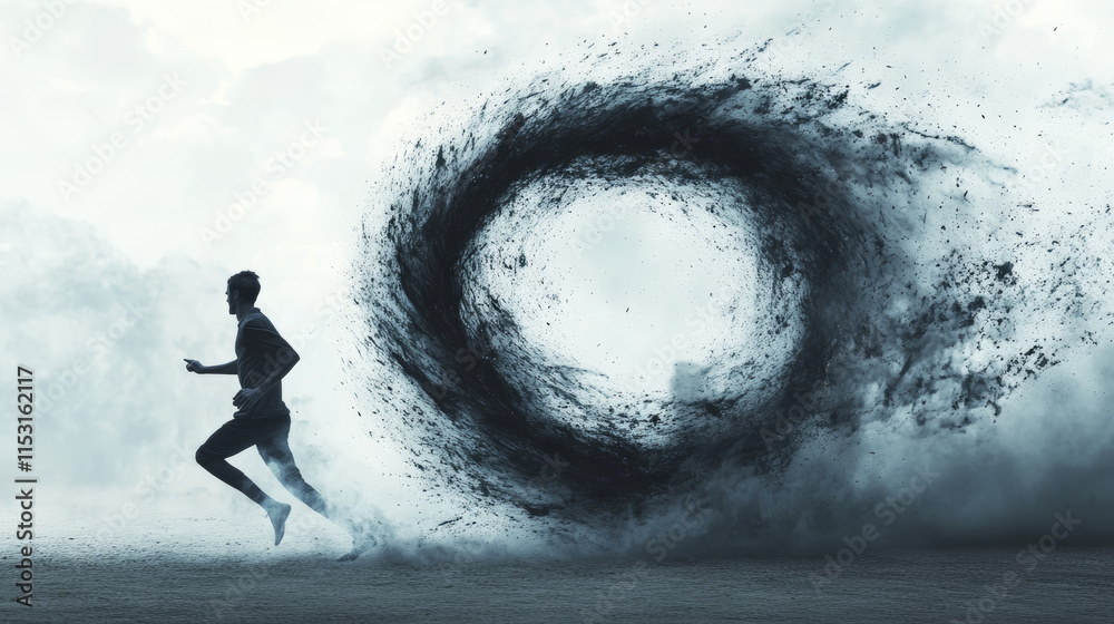 Runner of the particles. The man runs and the wind out of him pulling ...