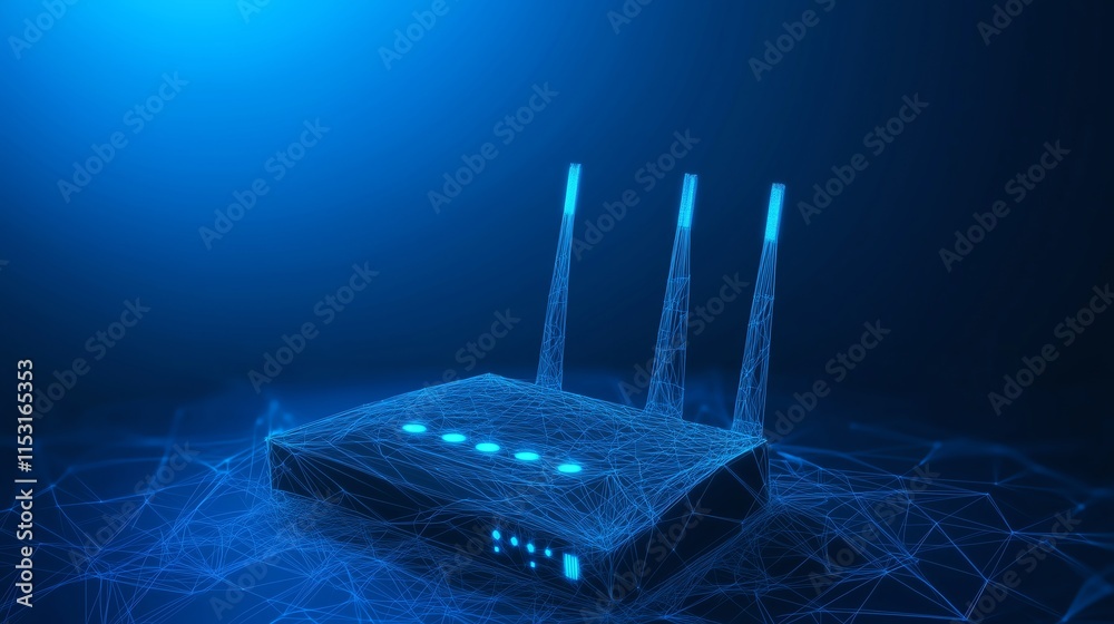 Low poly wireframe WiFi router with digital signal lines on a dark blue ...