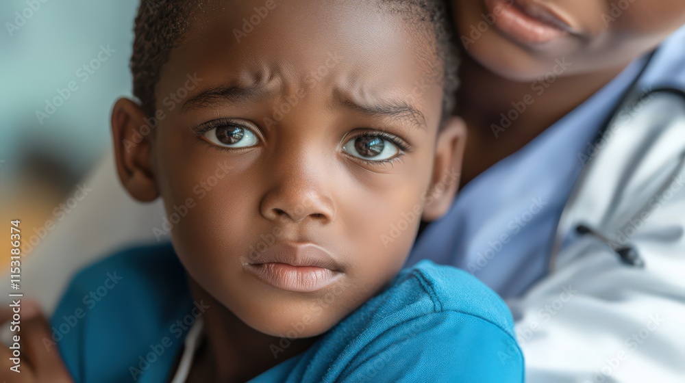 A sad young boy being reassured by his pediatrician, creating a ...