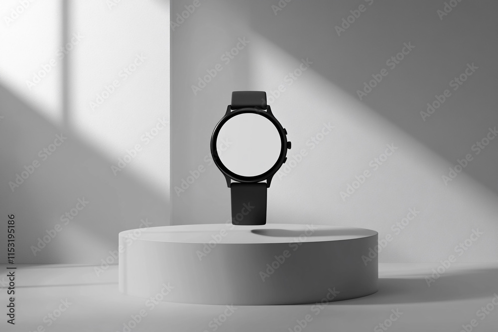 High-resolution image of a blank screen smartwatch on a sleek stand ...