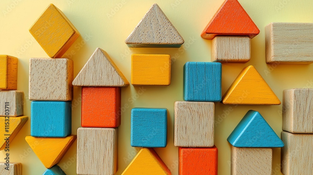 Colorful wooden blocks arranged in various shapes and sizes on a pastel ...