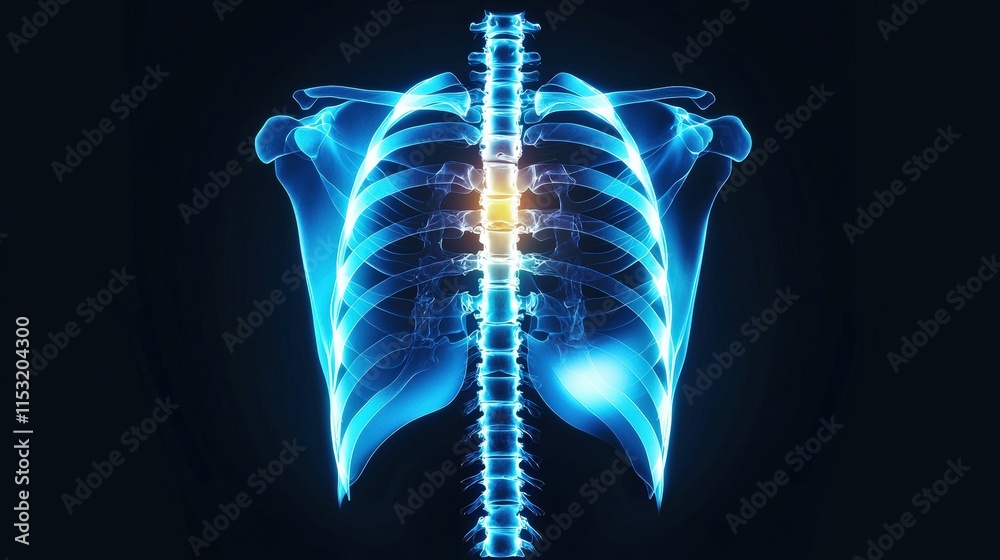 X-ray of a rib cage with visible flail chest fractures post-trauma ...