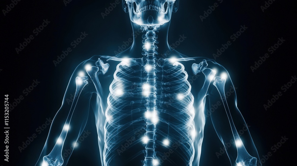 Full-body X-ray highlighting the skeletal structure with key joints ...