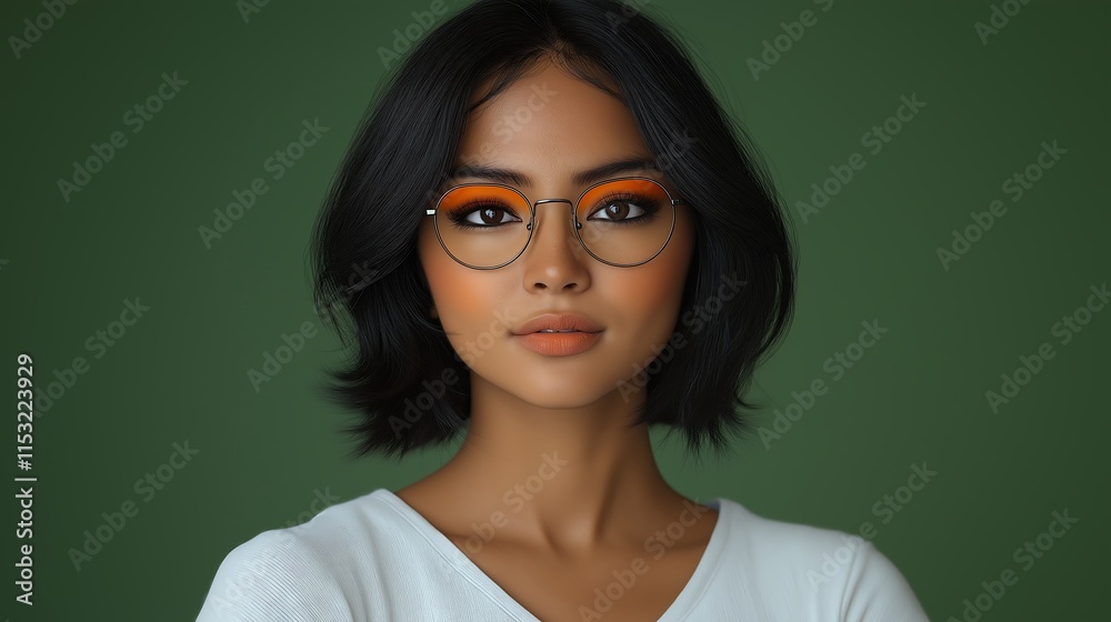 Indian woman, front facing. bob hairstyle, orange to black gradient ...