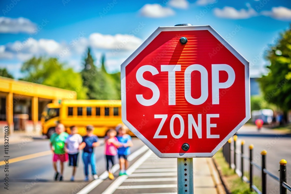 Prominent stop sign with bold white letters in a school zone, with ...
