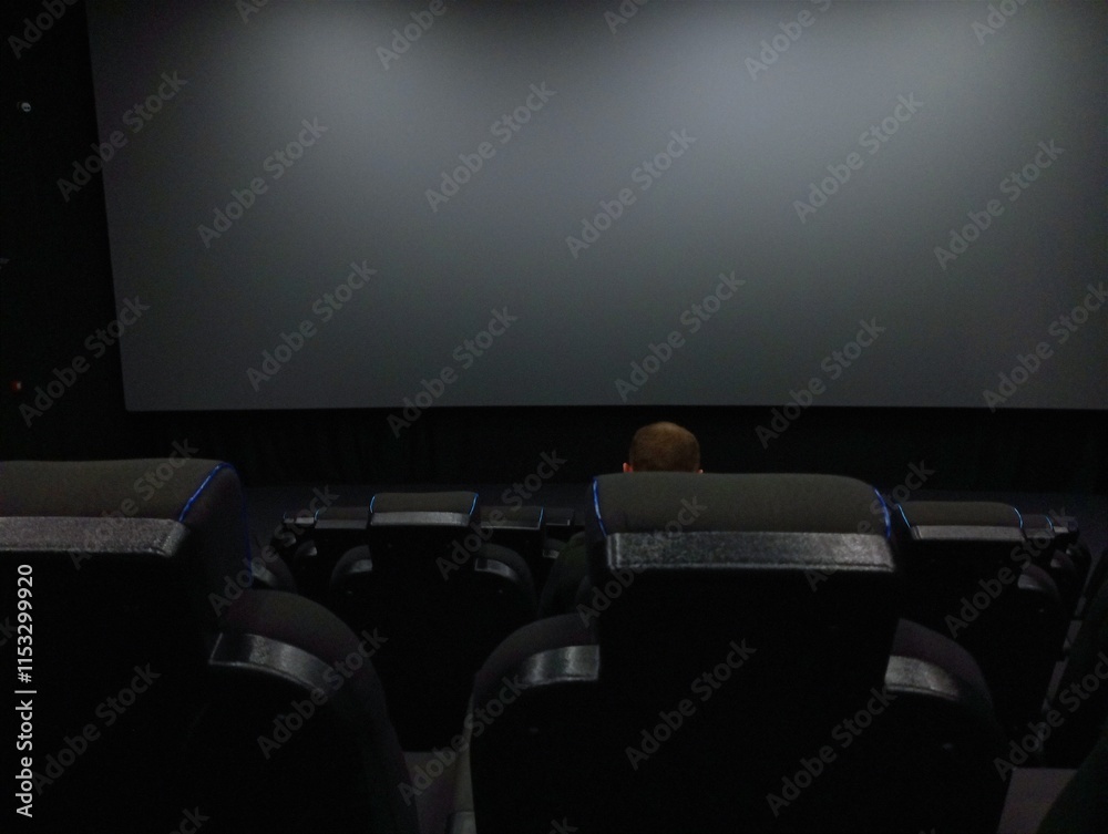 Foto de Stock One person sits in an empty movie theater with a white ...