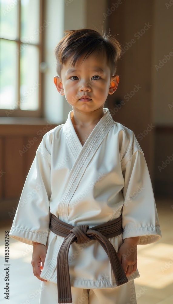 Serious young boy in a white karate gi with a brown belt, looking at the camera indoors ...
