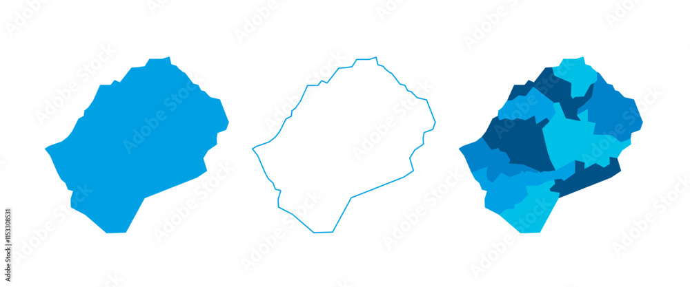 Lesotho set of three maps - solid map, outline map and map highlighting administrative divisions ...