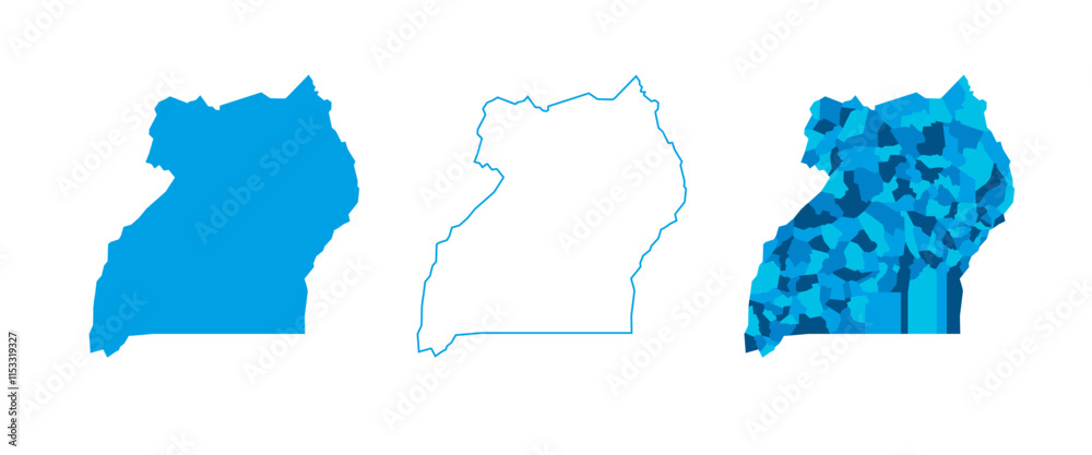 Uganda set of three maps - solid map, outline map and map highlighting administrative divisions ...