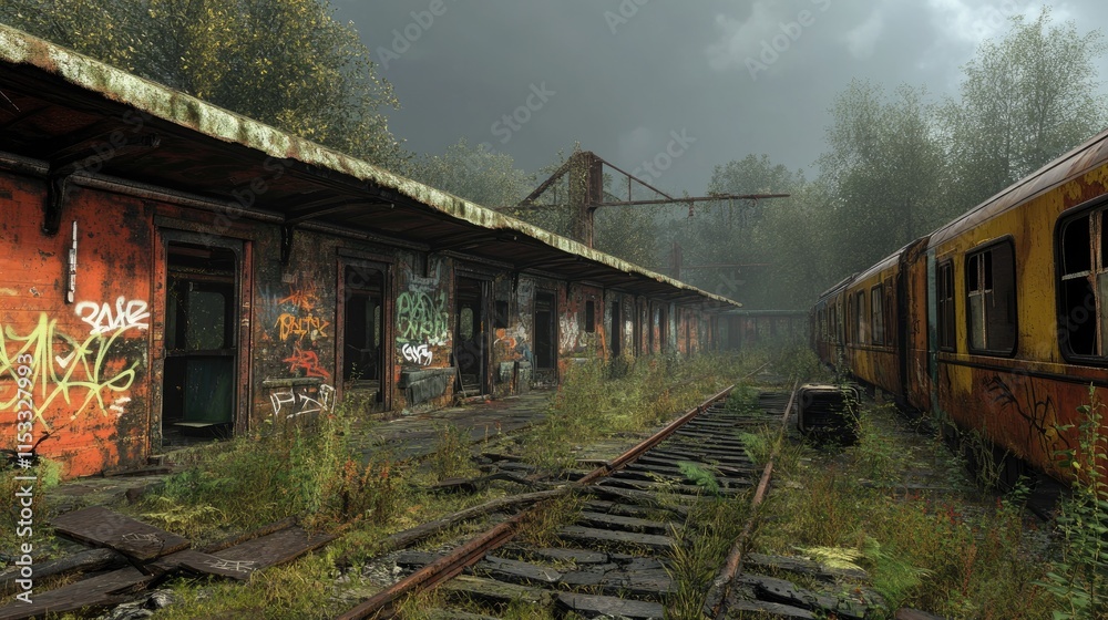 Abandoned railway station with weathered, graffiti-tagged train cars ...