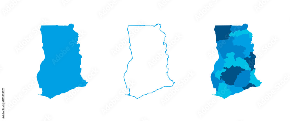 Ghana set of three maps - solid map, outline map and map highlighting ...