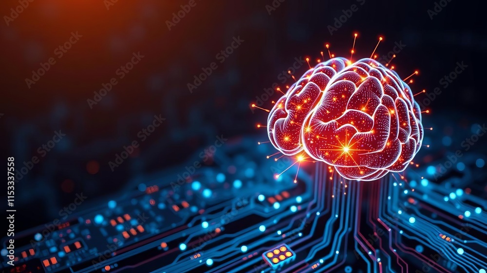 Glowing human brain emerging from processor symbolizing fusion of human ...