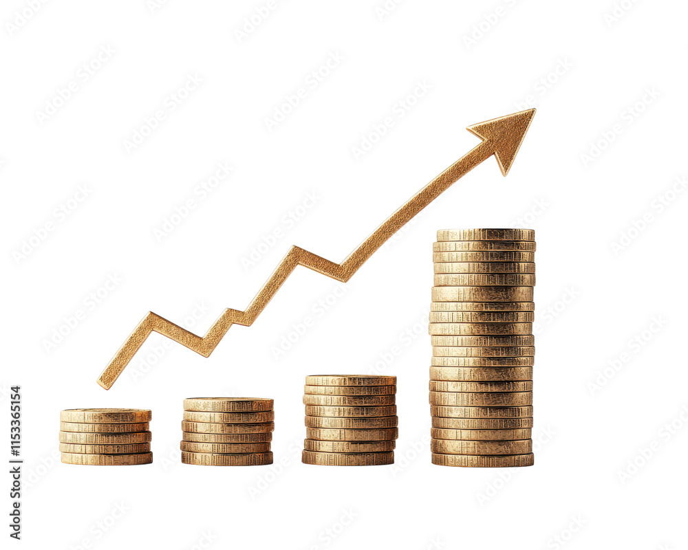 stack of golden coins increasing in height with rising arrow ...