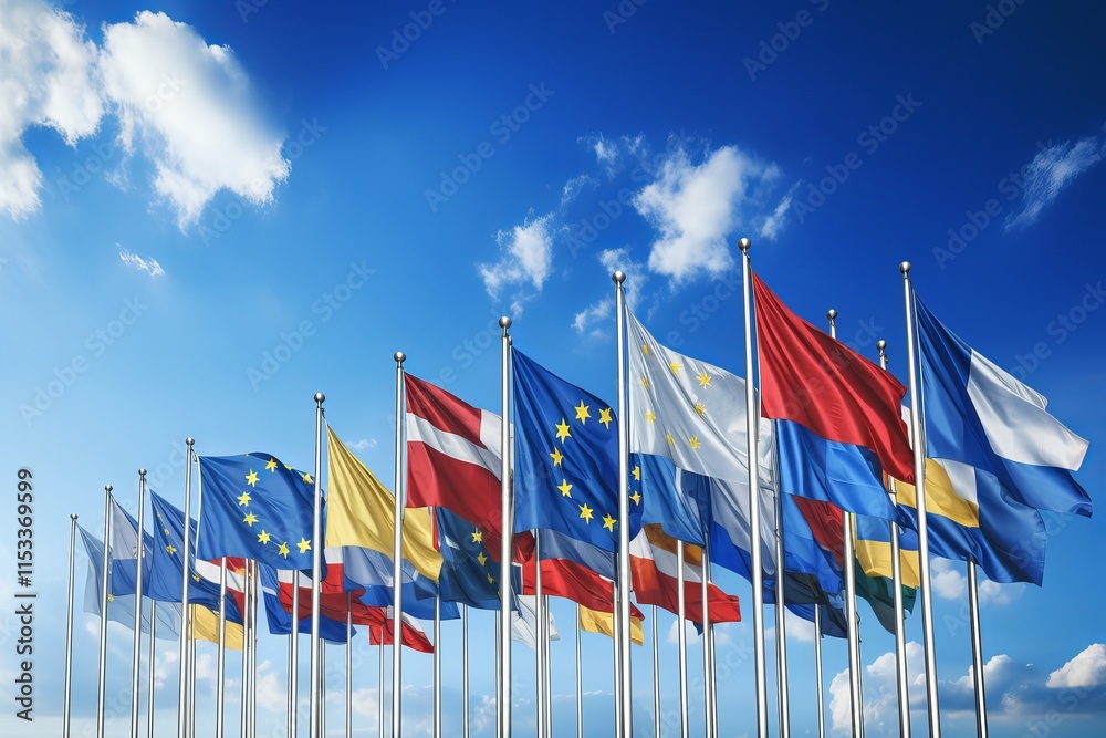 Flags of nations proudly waving under a bright blue sky in unity ...