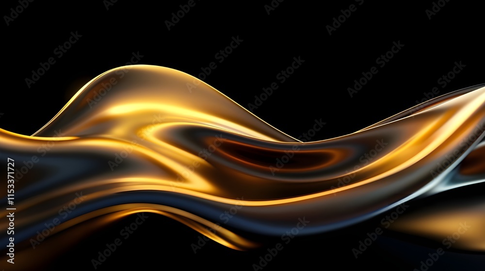abstract golden fluid neon wave, glass texture, black background ...