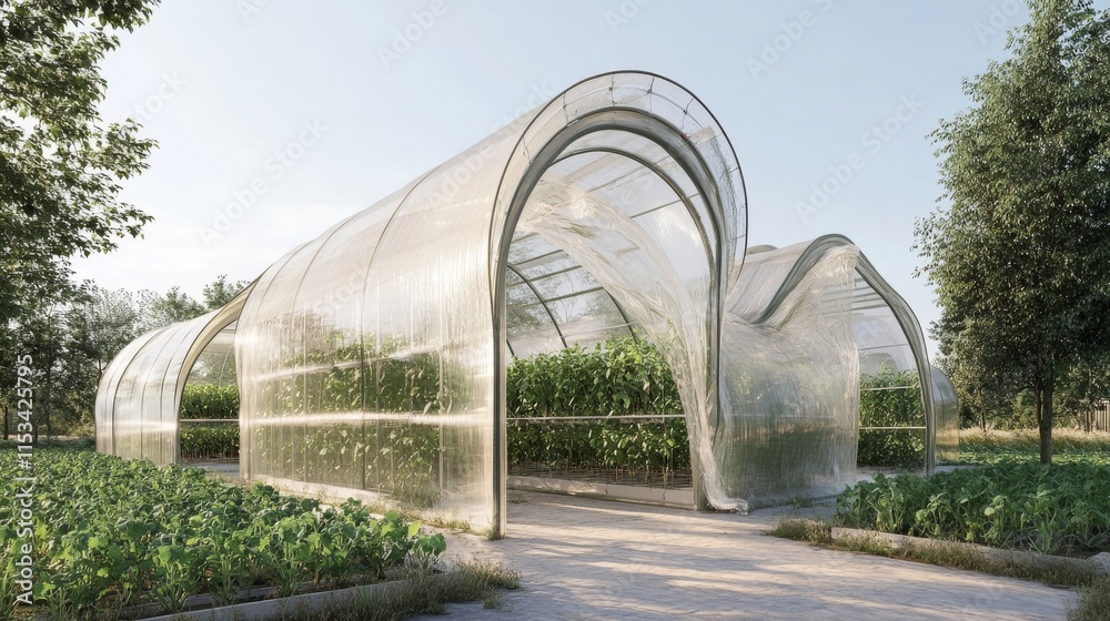 A uniquely designed greenhouse with curved glass walls and outdoor ...