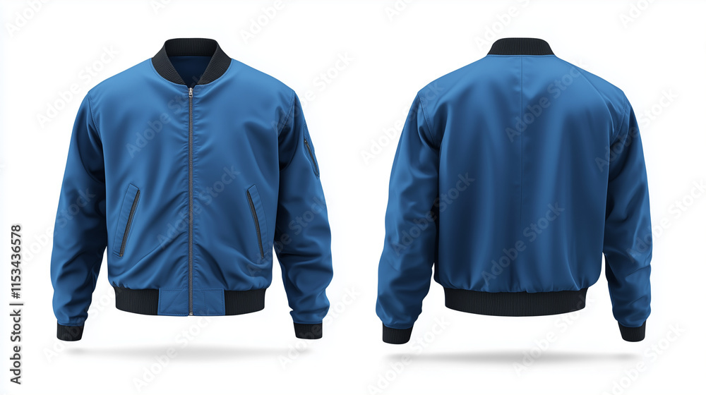 Blue jacket mockup front and back view isolated on white background for ...