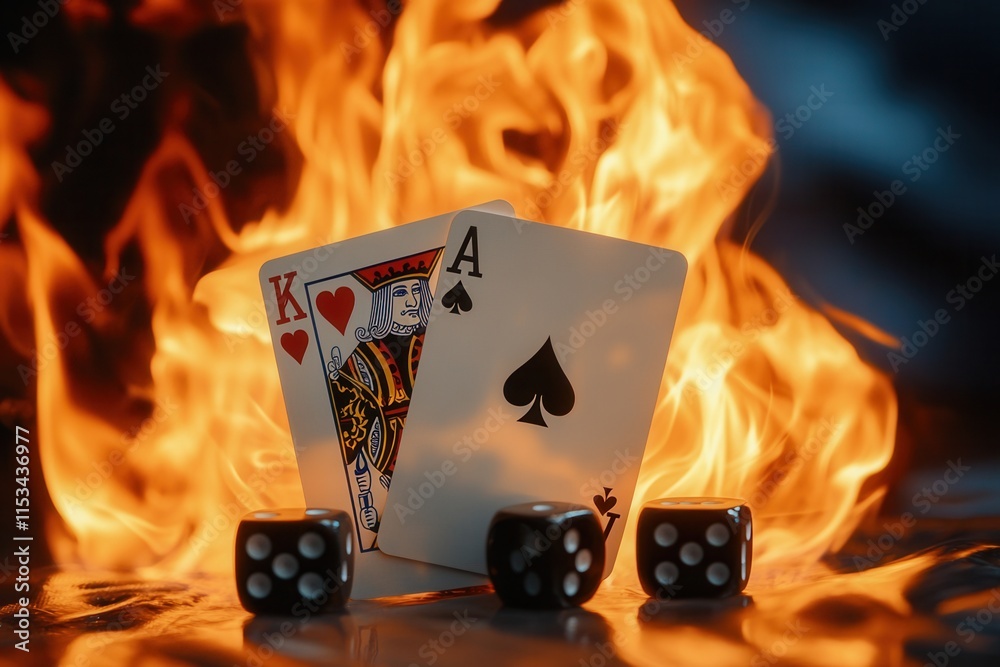King and ace playing cards burning with dice on fire background Stock ...
