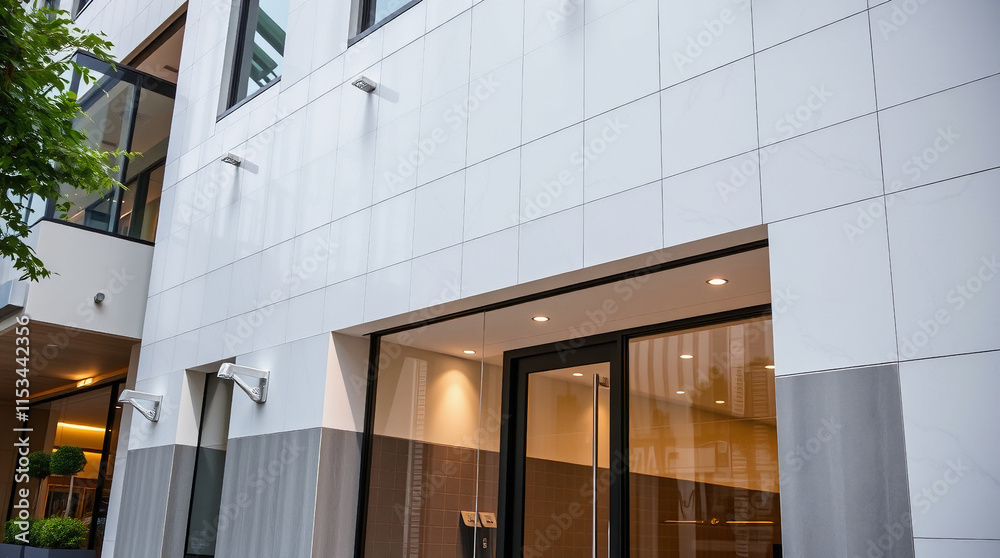 Modern building exterior featuring white tile facade, large glass ...