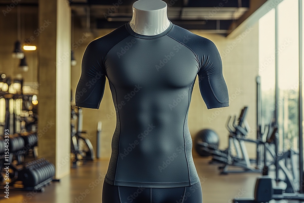 blank compression shirt mockup styled on mannequin in gym setting with ...