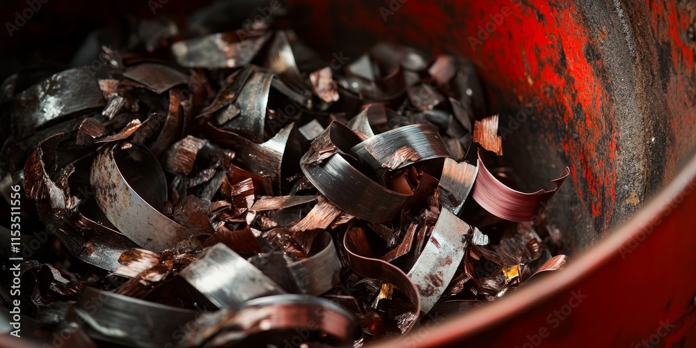 Curled metal shavings collected in a red metal waste can, discarded ...