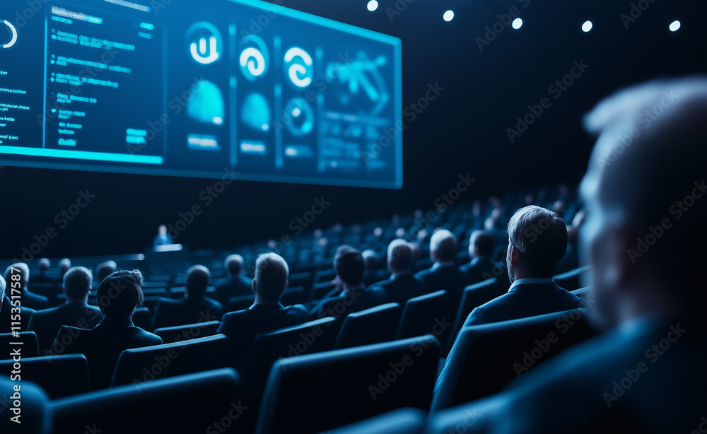 Audience seated in a dark auditorium watching a presentation on a large ...