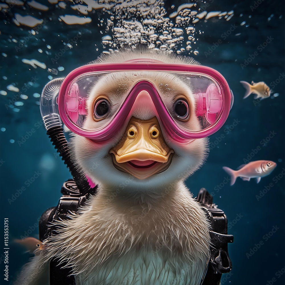 Duck enjoying skin scuba diving, happy expression, smiling, wearing ...