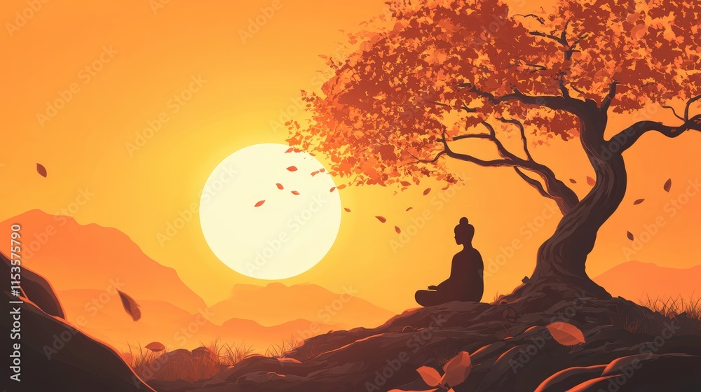 Buddha silhouette sitting under the bodhi tree, cartoon vector ...