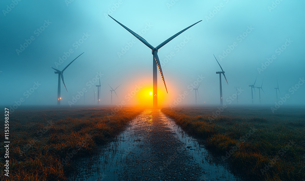 A coastal wind farm with next-generation turbines featuring dynamic ...