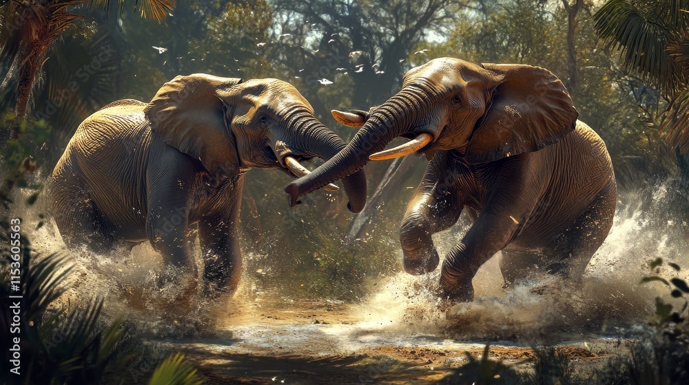 Foto de Stock Two African elephants engage in a powerful fight amidst ...