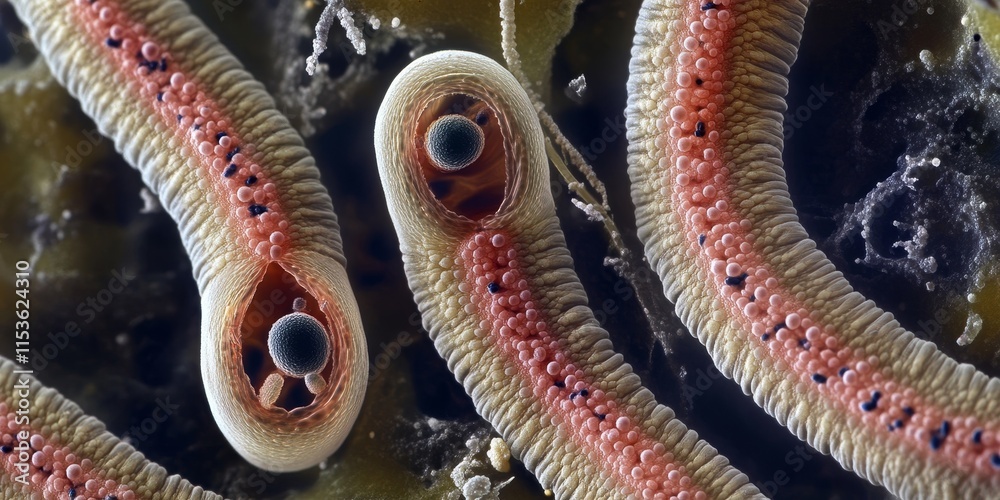Microscopic view of tapeworms, specifically Hymenolepis nana and ...