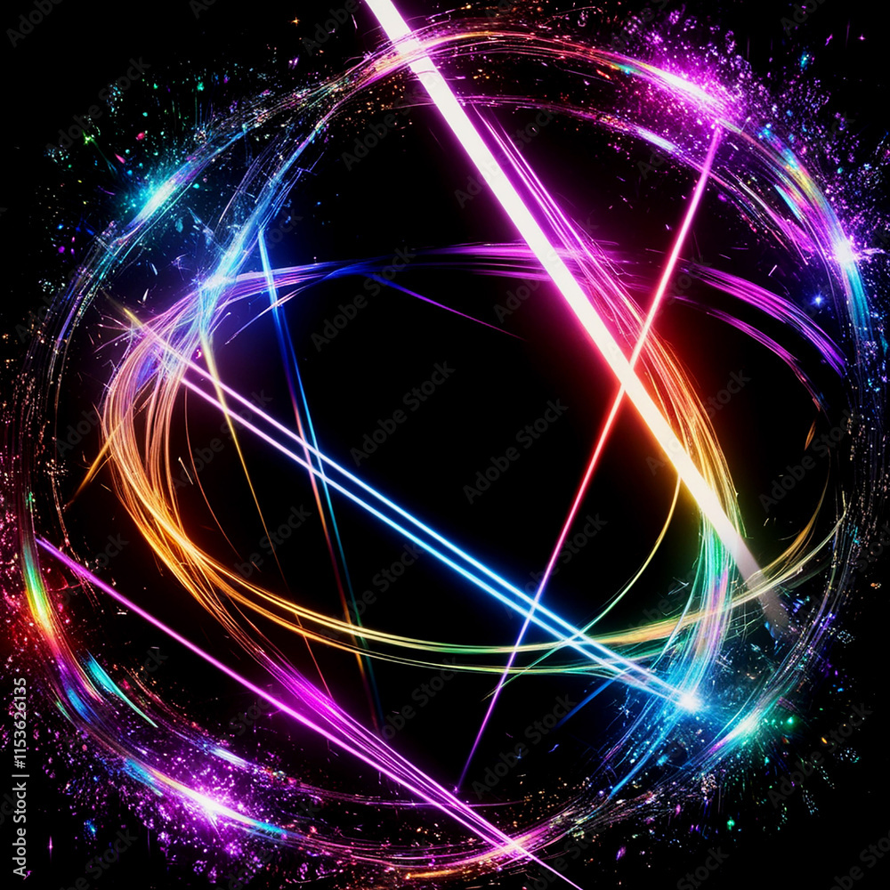 Black background with colorful lights, light beams, blurry cinematic ...