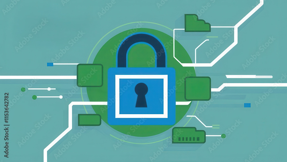 digital illustration of blue lock icon surrounded by interconnected green and white elements ...